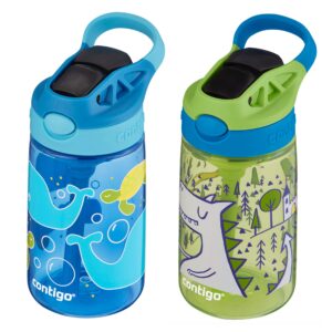 Contigo Aubrey Kids Water Bottle with Silicone Straw and Spill-Proof Lid, 14 oz, 2 Pack, Whales & Dragon