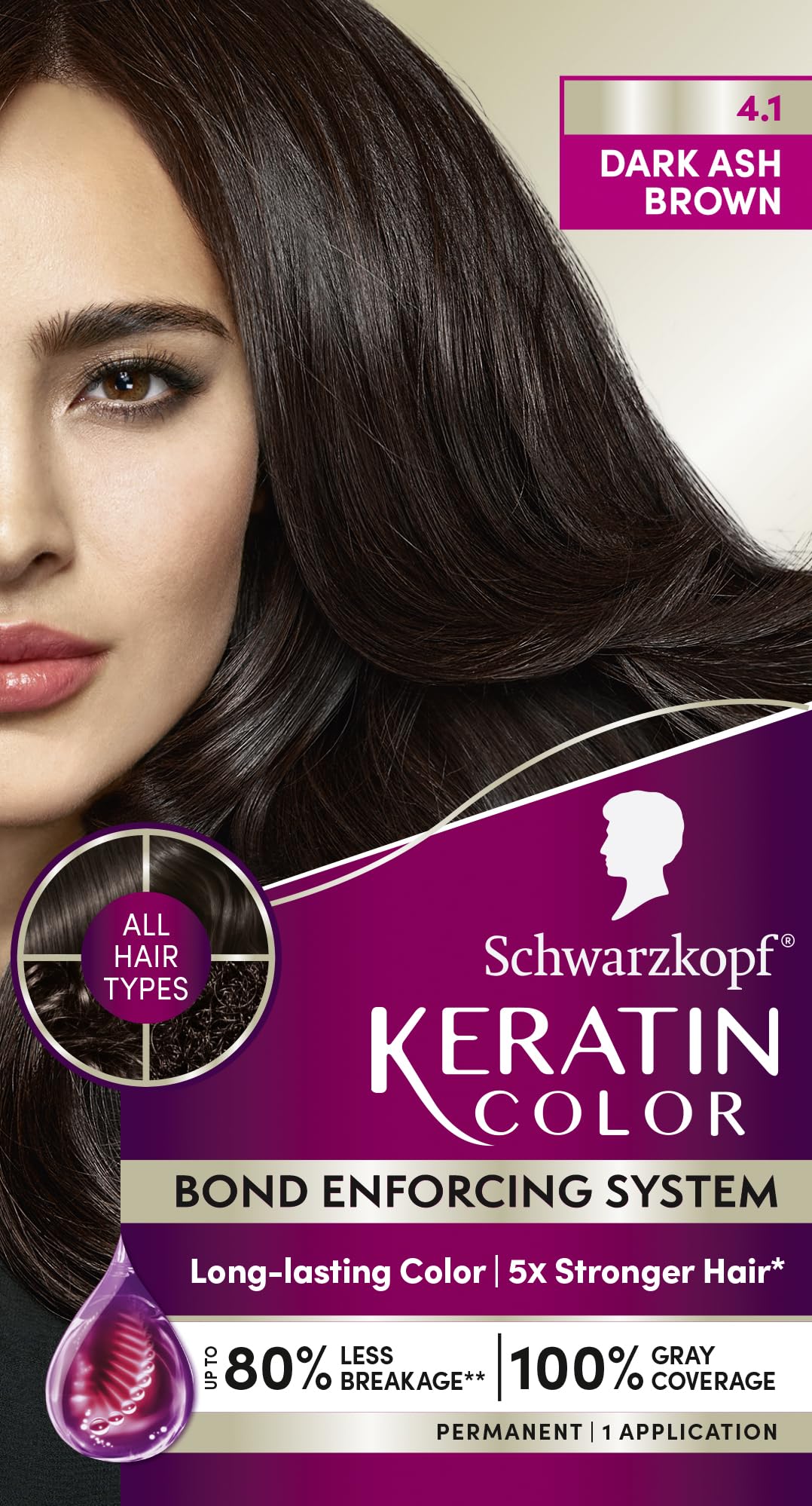 Schwarzkopf Keratin Color Permanent Hair Color Cream, 4.1 Dark Ash Brown, 4.1 Dark Ash Brown, 12 count