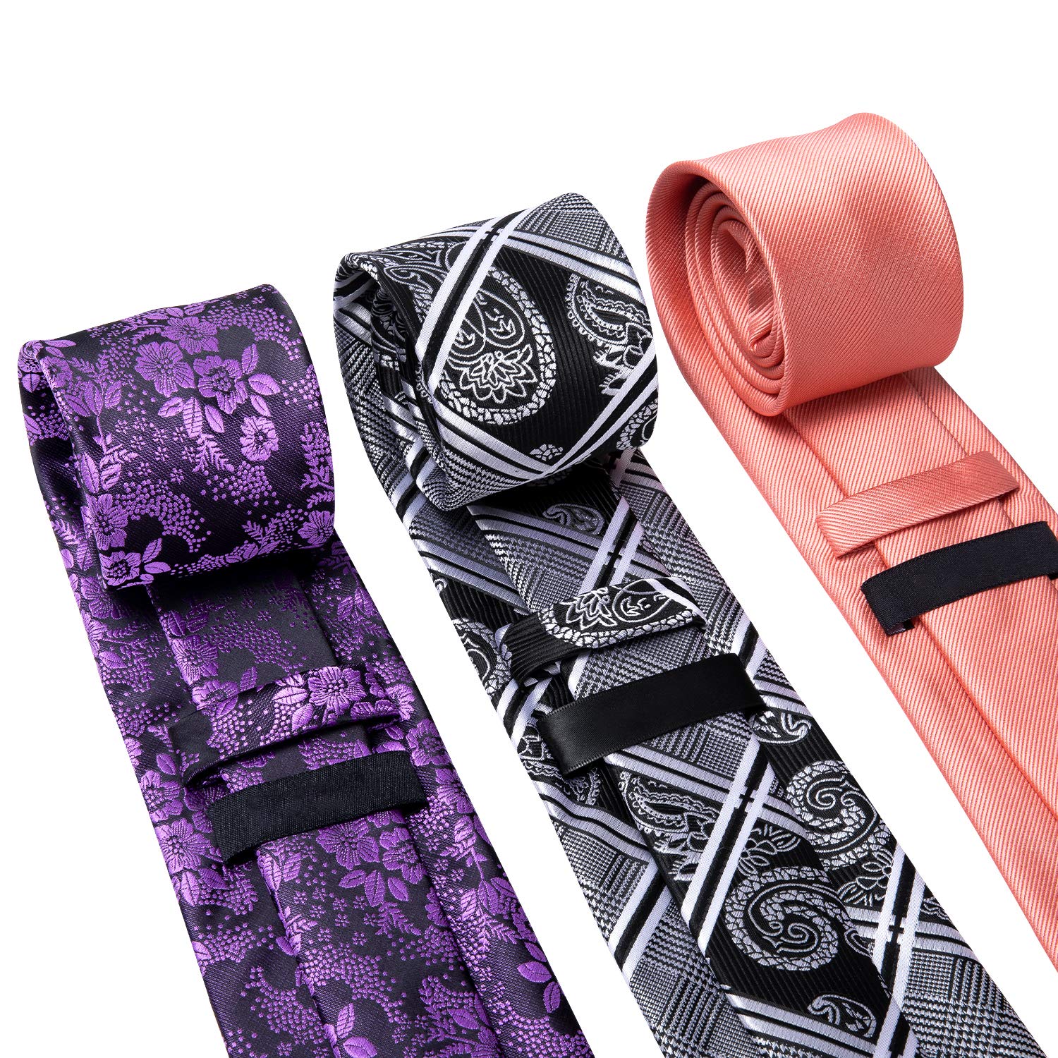 Dubulle Lot 3 PCS Classic Men's Silk Tie Set Paisley Stripe Necktie for Men Pocket Square Gift Box Multiple Sets,Purple Black Coral