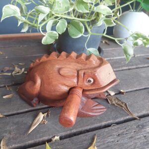 Cozinest Extra Large 9" Wood Frog Guiro Rasp Percussion Instrument Tone Block Wooden Good Luck Frog Animal Shaped Figurine Handcraft Musical Instruments from Thailand Home Office Decoration (Tan)