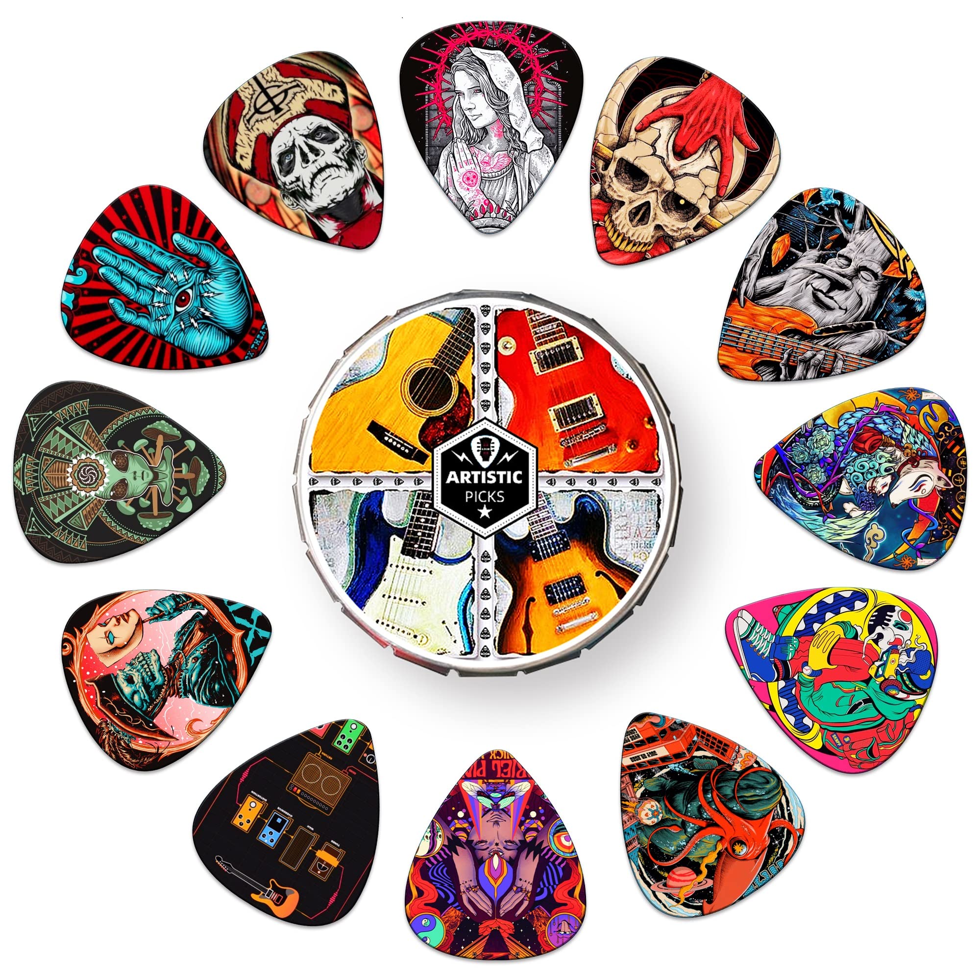 Guitar Picks,24 Pack Celluloid Thin, Medium, Heavy & Extra Heavy Picks with Tin Box,Unique Artistic Variety Pack Guitar Pick for Acoustic Guitar,Bass Guitar, Electric Guitar (Mix three)