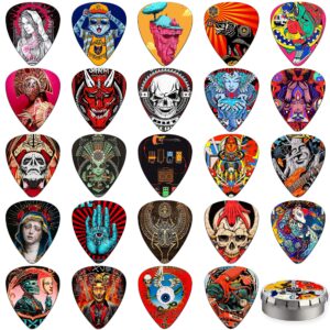 guitar picks,24 pack celluloid thin, medium, heavy & extra heavy picks with tin box,unique artistic variety pack guitar pick for acoustic guitar,bass guitar, electric guitar (mix three)