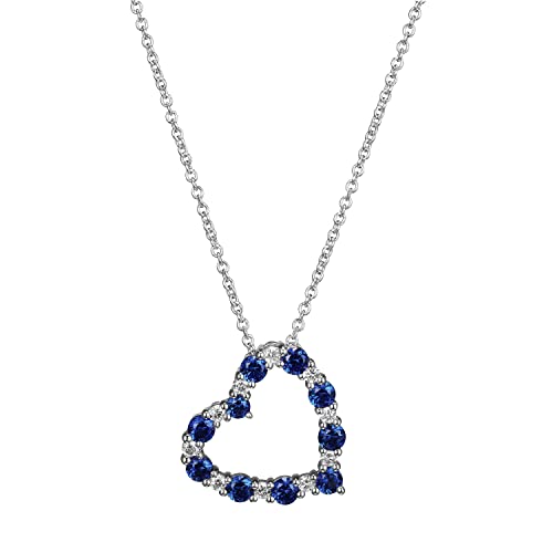 Amazon Essentials Platinum Over Sterling Silver Created Blue Sapphire and 1/6th Carat Total Weight Lab Grown Diamond Heart Necklace, 18 Inch Fine Cable Chain 2 Inch Extender (previously Amazon Collection)