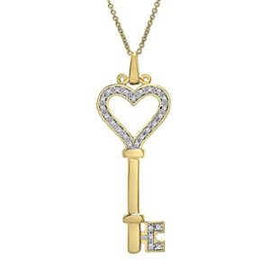 timeless love 1/10 cttw diamond heart & key pendant set in sterling silver with gold plating, necklace with 18" chain, dainty jewelry for women, luxury fashion pendant necklaces for women or girls