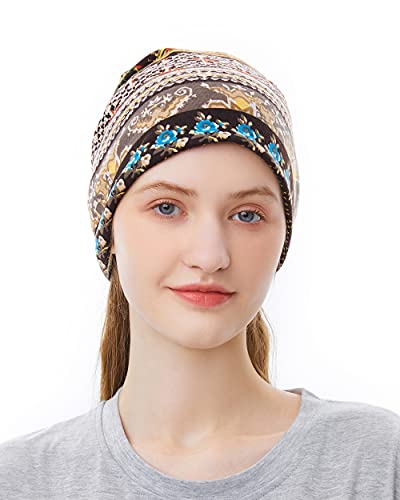 ELLEWIN Slouchy Beanie for Women Cute Floral Headwear Beanie Hats Thin Beanies Snood Hats Slouchy Retro Tribal Printed Hair Covering Thin Hippie Beanies Casual Skullies Beanies Dual Use Boho Hats