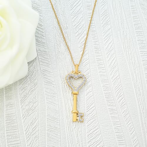 Timeless Love 1/10 CTTW Diamond Heart & Key Pendant Set in Sterling Silver with Gold Plating, Necklace with 18" Chain, Dainty Jewelry for Women, Luxury Fashion Pendant Necklaces for Women or Girls