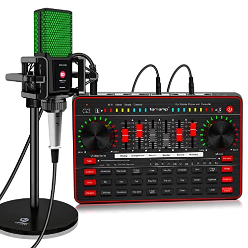 Podcast Equipment Bundle Audio Interface DJ Mixer Sound Card Kit XLR Condenser Microphone for Boradcast Live Streaming, Mic Voice Effect Changer Soundboard for Phone/PC/Laptop/Mac Recording(KB11-E300)