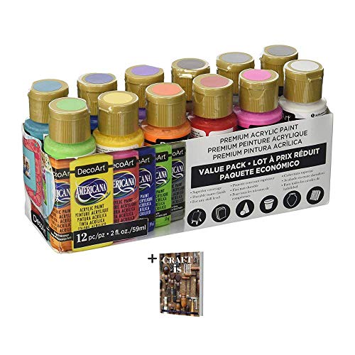 DecoArt Americana Acrylic Paint - 12 Ct Basic Assorted Acrylic Paints Value Pack - Medium Viscosity Water Based Multi Surface Acrylic Paint Set for Arts and Crafts, Wall Art, Model Kit Paint + E-Book