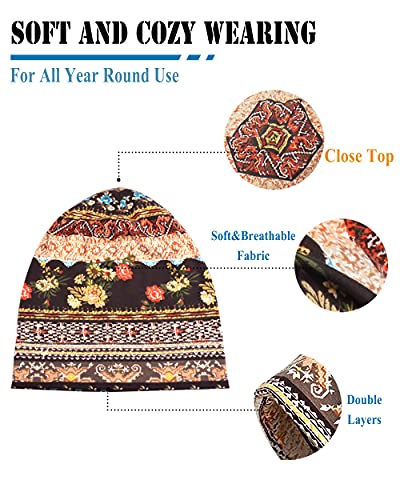 ELLEWIN Slouchy Beanie for Women Cute Floral Headwear Beanie Hats Thin Beanies Snood Hats Slouchy Retro Tribal Printed Hair Covering Thin Hippie Beanies Casual Skullies Beanies Dual Use Boho Hats