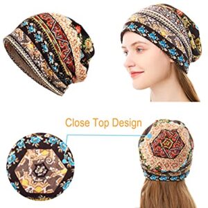 ELLEWIN Slouchy Beanie for Women Cute Floral Headwear Beanie Hats Thin Beanies Snood Hats Slouchy Retro Tribal Printed Hair Covering Thin Hippie Beanies Casual Skullies Beanies Dual Use Boho Hats