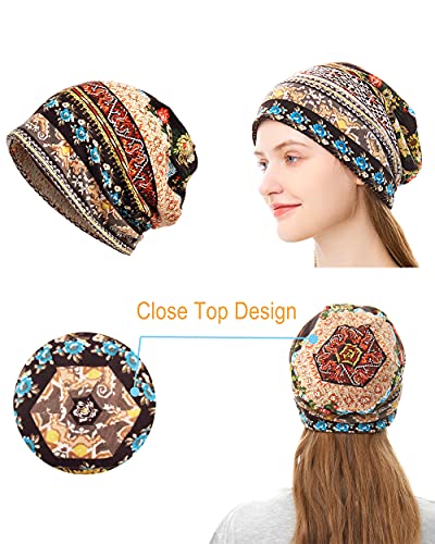 ELLEWIN Slouchy Beanie for Women Cute Floral Headwear Beanie Hats Thin Beanies Snood Hats Slouchy Retro Tribal Printed Hair Covering Thin Hippie Beanies Casual Skullies Beanies Dual Use Boho Hats