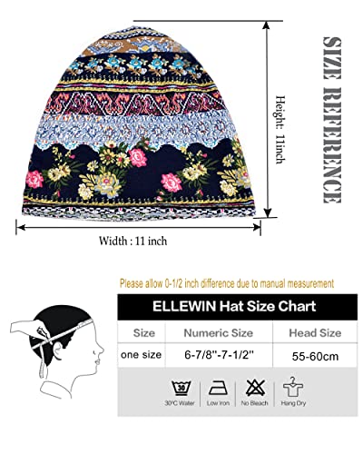 ELLEWIN Slouchy Beanie for Women Cute Floral Headwear Beanie Hats Thin Beanies Snood Hats Slouchy Retro Tribal Printed Hair Covering Thin Hippie Beanies Casual Skullies Beanies Dual Use Boho Hats