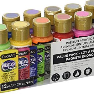 DecoArt Americana Acrylic Paint - 12 Ct Basic Assorted Acrylic Paints Value Pack - Medium Viscosity Water Based Multi Surface Acrylic Paint Set for Arts and Crafts, Wall Art, Model Kit Paint + E-Book