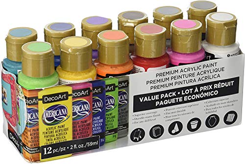 DecoArt Americana Acrylic Paint - 12 Ct Basic Assorted Acrylic Paints Value Pack - Medium Viscosity Water Based Multi Surface Acrylic Paint Set for Arts and Crafts, Wall Art, Model Kit Paint + E-Book