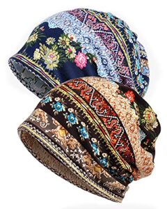 ellewin slouchy beanie for women cute floral headwear beanie hats thin beanies snood hats slouchy retro tribal printed hair covering thin hippie beanies casual skullies beanies dual use boho hats