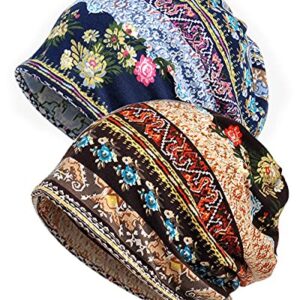 ELLEWIN Slouchy Beanie for Women Cute Floral Headwear Beanie Hats Thin Beanies Snood Hats Slouchy Retro Tribal Printed Hair Covering Thin Hippie Beanies Casual Skullies Beanies Dual Use Boho Hats