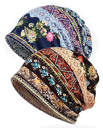 ELLEWIN Slouchy Beanie for Women Cute Floral Headwear Beanie Hats Thin Beanies Snood Hats Slouchy Retro Tribal Printed Hair Covering Thin Hippie Beanies Casual Skullies Beanies Dual Use Boho Hats