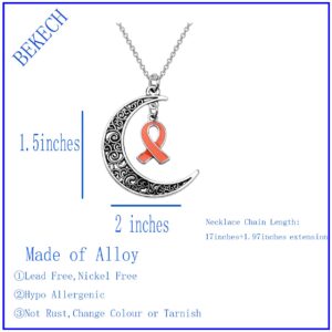 BEKECH Multiple Sclerosis MS Awareness Gift Orange Ribbon Crescent Moon Charm ADHD Awareness Necklace for MS Warrior