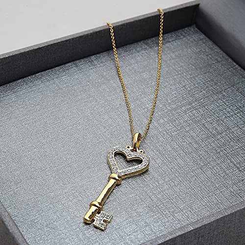 Timeless Love 1/10 CTTW Diamond Heart & Key Pendant Set in Sterling Silver with Gold Plating, Necklace with 18" Chain, Dainty Jewelry for Women, Luxury Fashion Pendant Necklaces for Women or Girls