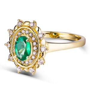 Lanmi 14K Yellow Gold Natural Emerald Diamonds Ring for Women Promise Engagement Wedding Anniversary Promotion