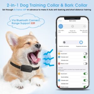 Bark Collar with Remote, Quick Charge IPX8 Waterproof Dog Shock Collar with APP, Free Combination Mode with Custom Sound,Vibration,Shock, T1sPro Include B1sPro All Functions