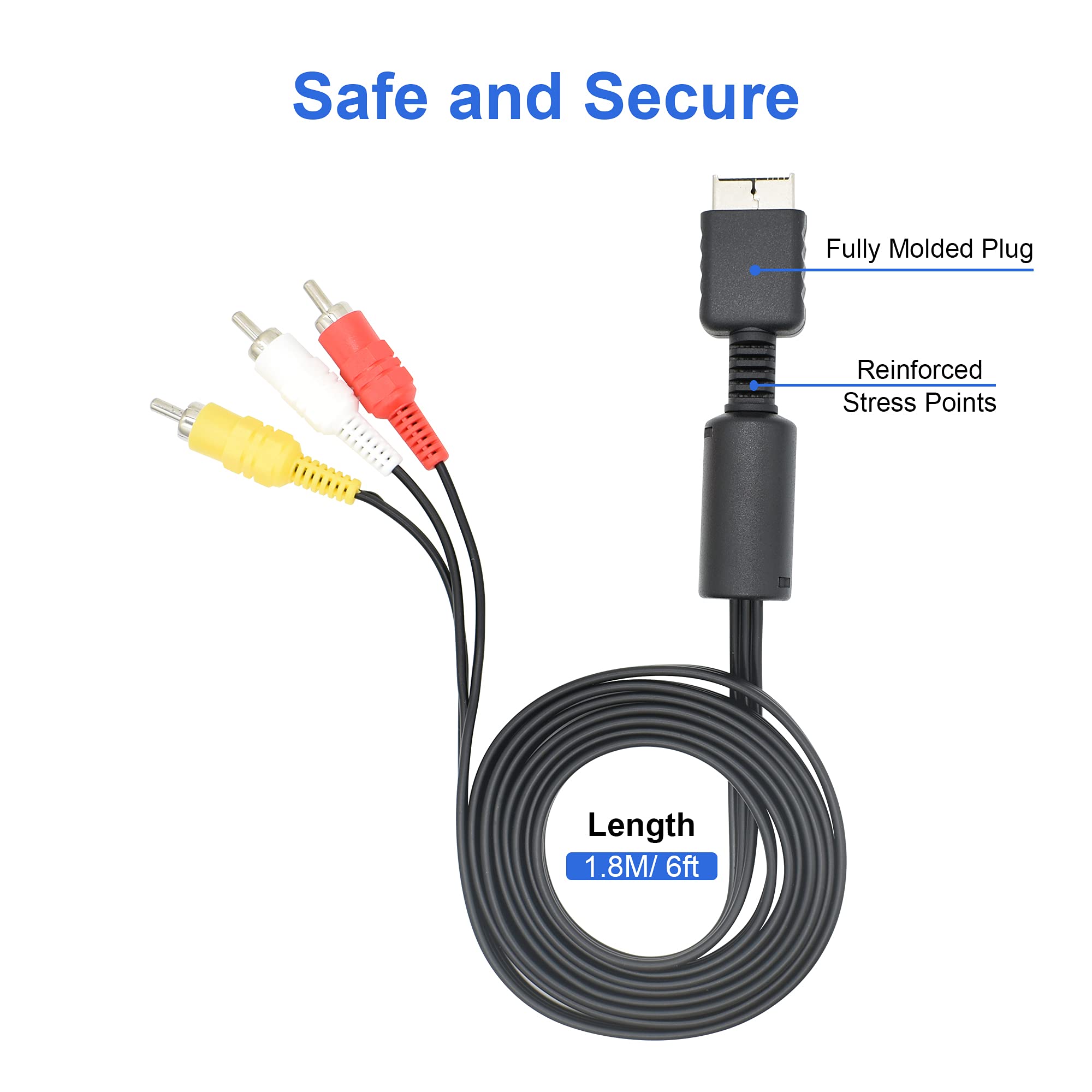 AV Cable for PS3 PS2 PS1, Audio Video RCA Cable Compatible with Playstation 1 2 3, 1.8M/6FT Composite 3 RCA Gold-Plated TV HDTV Display