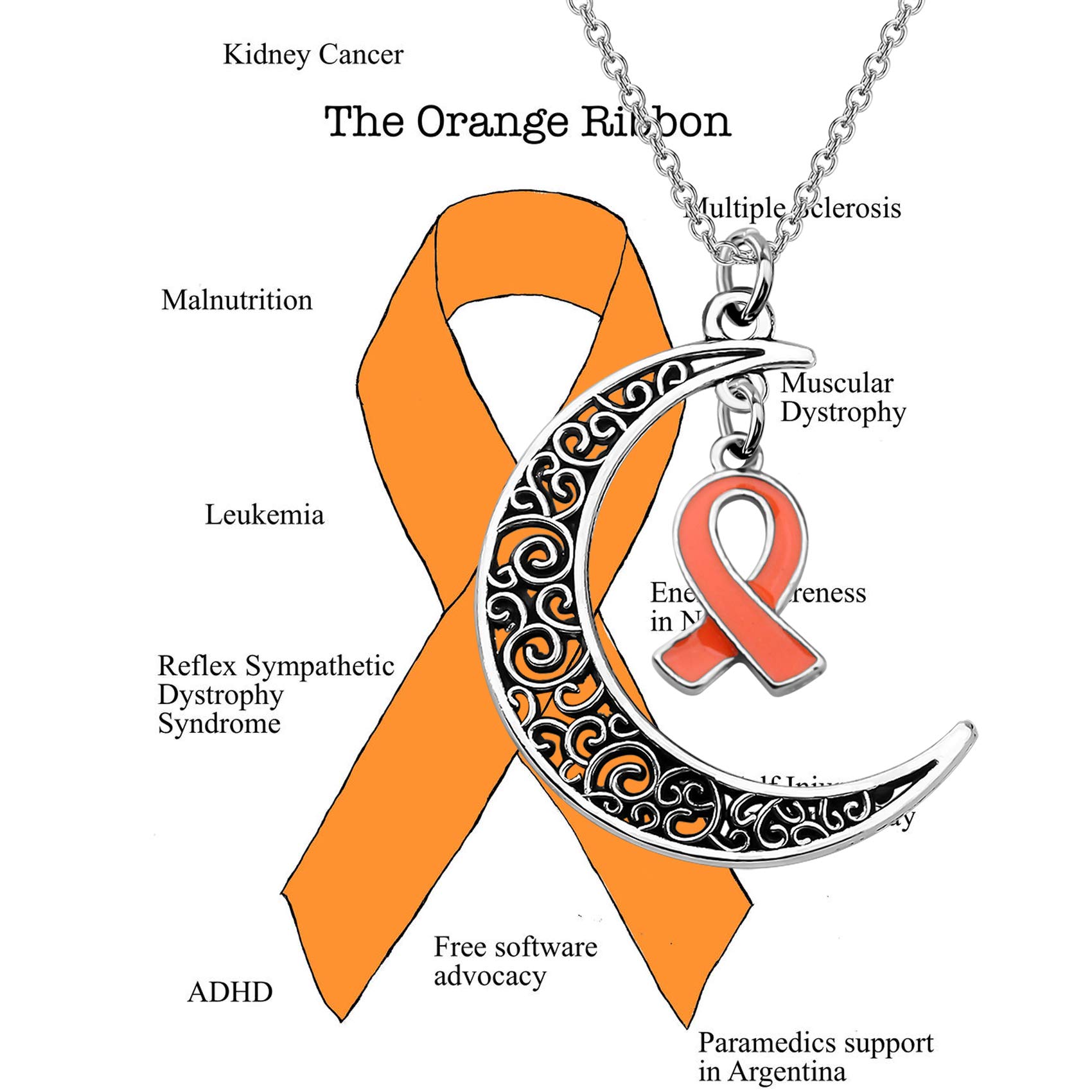 BEKECH Multiple Sclerosis MS Awareness Gift Orange Ribbon Crescent Moon Charm ADHD Awareness Necklace for MS Warrior