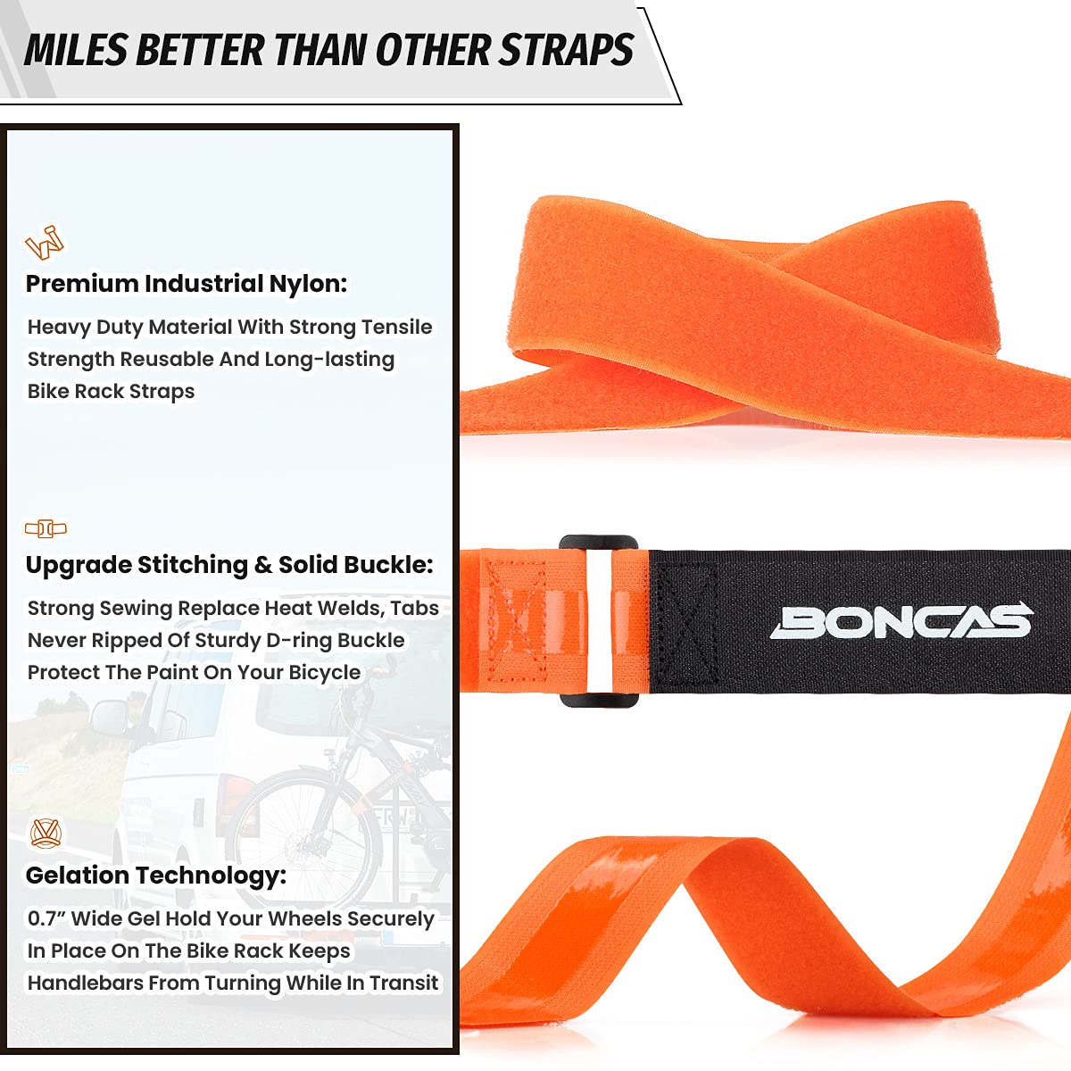 Boncas Adjustable Bike Rack Strap 29.5" Bicycle Wheel Stabilizer Straps with Innovative Gel Grip Keep The Bicycle Wheel from Spinning - Orange 2 Pack