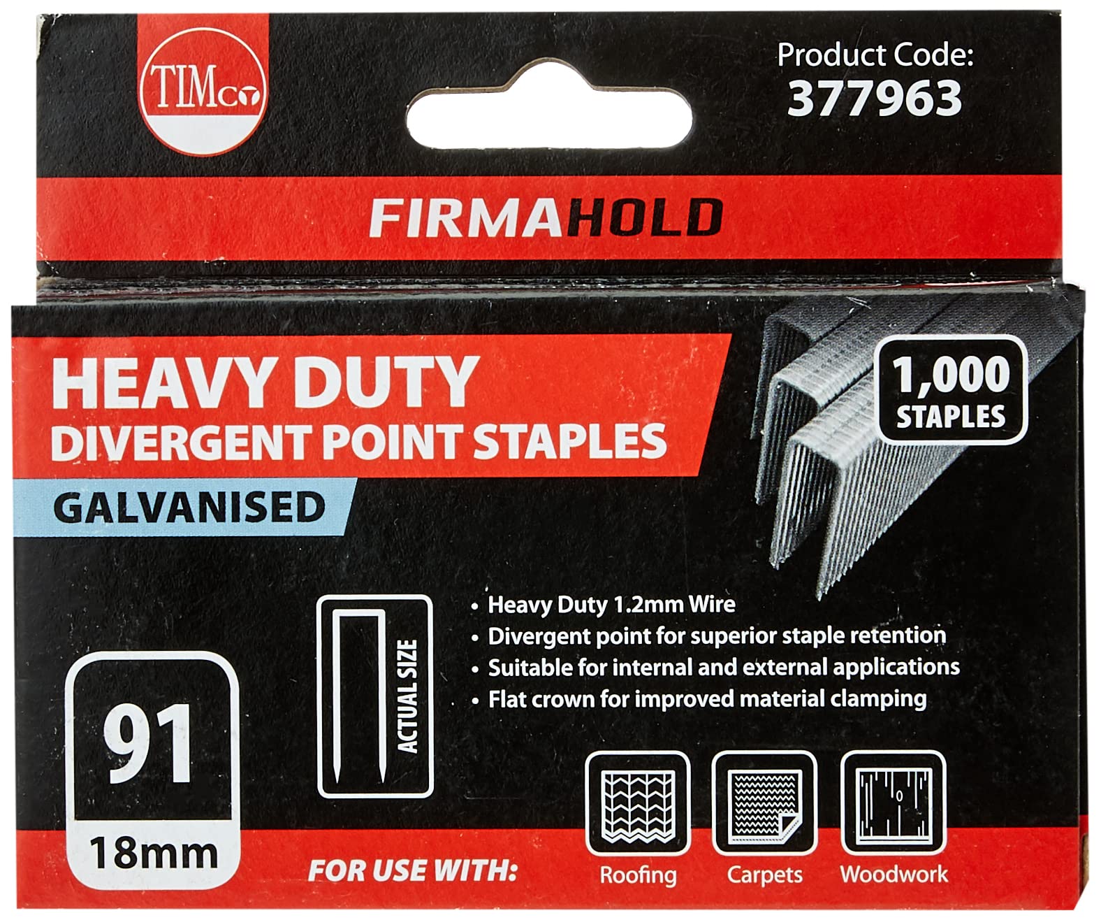 TIMCO 377963 Heavy Duty Divergent Point Galvanised Staples-18mm Staples