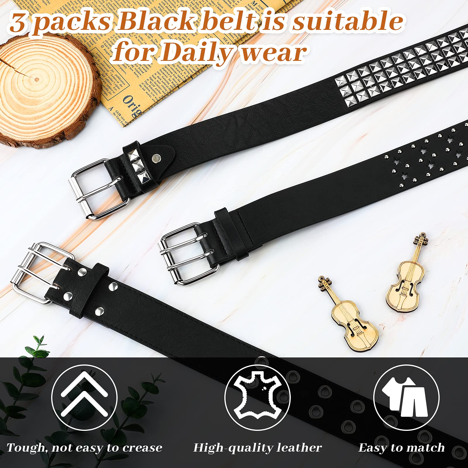 Syhood 3 Pieces Studded Belt Punk Rivet Double Grommet Belt Faux Leather Gothic Goth Black for Men Women Gift