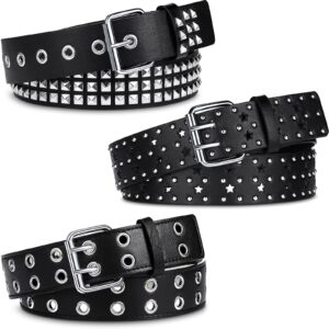 syhood 3 pieces studded belt punk rivet double grommet belt faux leather gothic goth black for men women gift