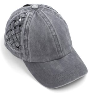 C.C Exclusives Washed Cotton Denim Basket Weave Criss-Cross Ponytail Baseball Cap Bundle Hair Tie (BT-922)(Grey)