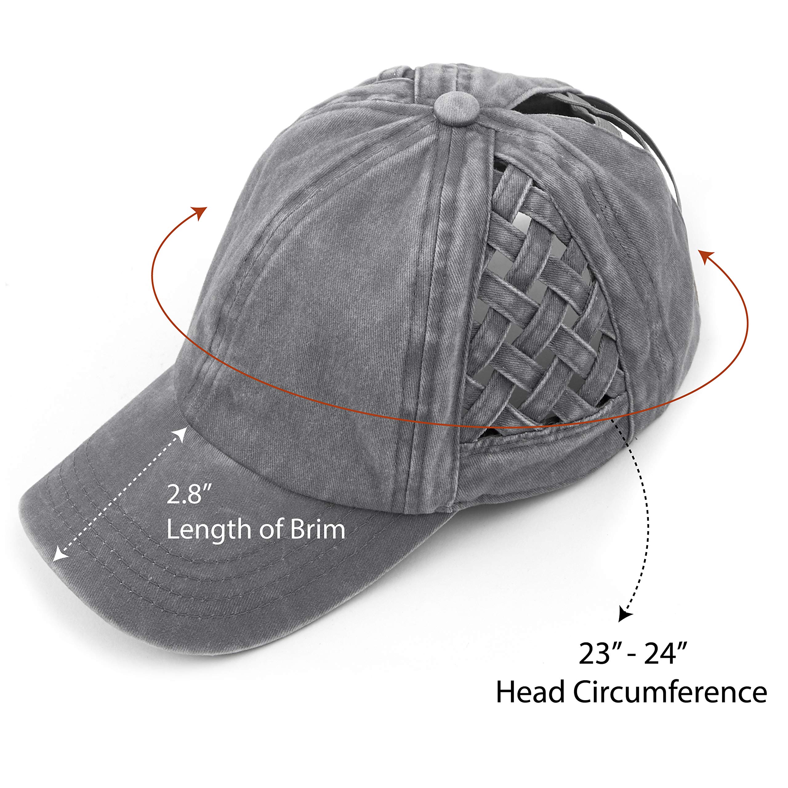 C.C Exclusives Washed Cotton Denim Basket Weave Criss-Cross Ponytail Baseball Cap Bundle Hair Tie (BT-922)(Grey)