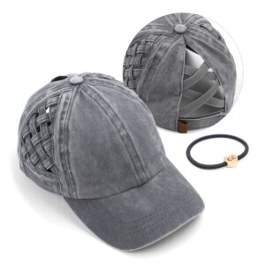 c.c exclusives washed cotton denim basket weave criss-cross ponytail baseball cap bundle hair tie (bt-922)(grey)