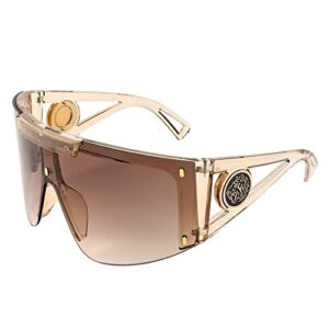 feisedy sunglasses for women, one piece oversized sunglasses for men and women, wrap shield sunglasses for cycling, driving, vacation (b4027, champagne frame & gradual tea lens)