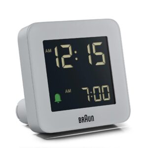 braun digital alarm clock with snooze, negative lcd display, quick set, crescendo beep alarm in grey, model bc09g.