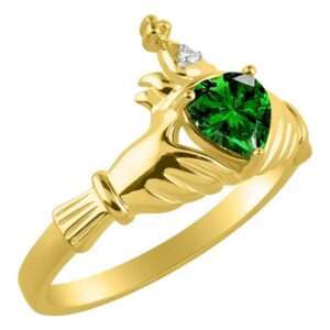 Rylos Rings 14K Gold Plated Silver Claddah Love, Loyalty & Friendship Ring Heart 6MM Gemstone & Diamond Claddagh Rings May Emerald Jewelry Size 7