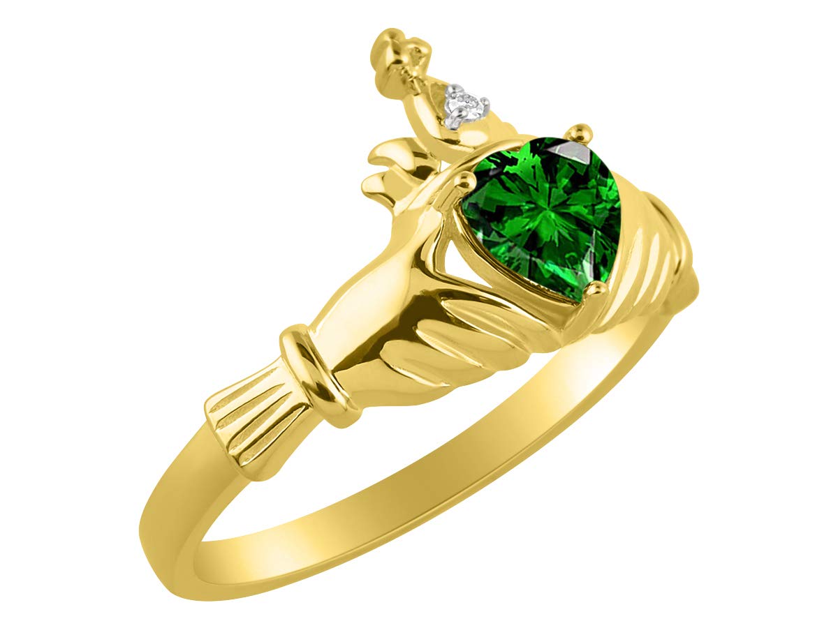 Rylos Rings 14K Gold Plated Silver Claddah Love, Loyalty & Friendship Ring Heart 6MM Gemstone & Diamond Claddagh Rings May Emerald Jewelry Size 7