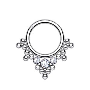 pierced owl 16ga g23 implant grade titanium triple cz crystal and ball cluster lined hoop cartilage helix daith septum hinged segment ring (8mm diameter)