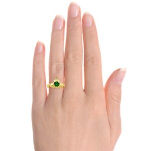 Rylos Rings 14K Gold Plated Silver Claddah Love, Loyalty & Friendship Ring Heart 6MM Gemstone & Diamond Claddagh Rings May Emerald Jewelry Size 7