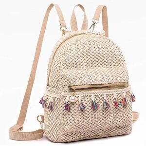 Meyaus Women Small Tassels Pearl Zipper Straw Woven Backpack Daypack Convertible Cross-body Shoulder Bag