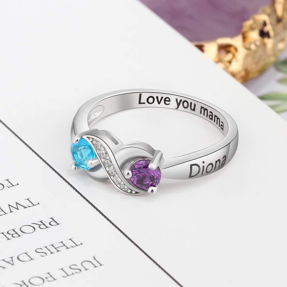 925 Sterling Silver Personalized Infinity Mothers Rings with 2 Round Simulated Birthstones Custom Engraved Engagement Promise Rings for Women (7)