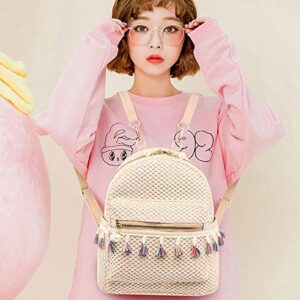 Meyaus Women Small Tassels Pearl Zipper Straw Woven Backpack Daypack Convertible Cross-body Shoulder Bag