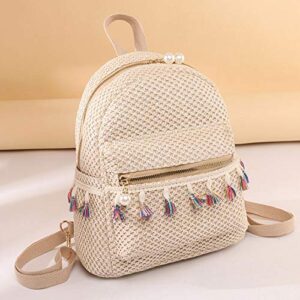 Meyaus Women Small Tassels Pearl Zipper Straw Woven Backpack Daypack Convertible Cross-body Shoulder Bag