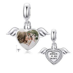 lonago heart photo charm cremation keepsake heart urn charm for ashes fit bracelet necklace 925 sterling silver heart shape picture bead charm gift for women (angel)