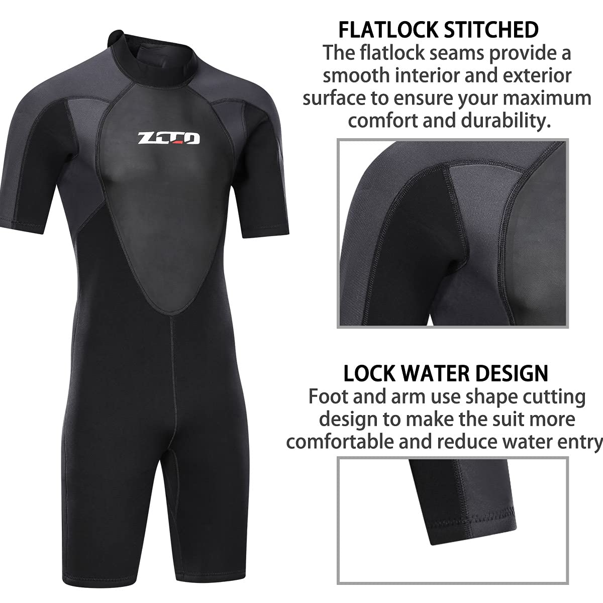 FINDSLINX Wetsuit Shorty for Men 3mm Neoprene Back Zip Wetsuit Spring for Diving Surfing Snorkeling Swimming B301BK-3XL, XXX-Large, Black