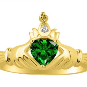 Rylos Rings 14K Gold Plated Silver Claddah Love, Loyalty & Friendship Ring Heart 6MM Gemstone & Diamond Claddagh Rings May Emerald Jewelry Size 7