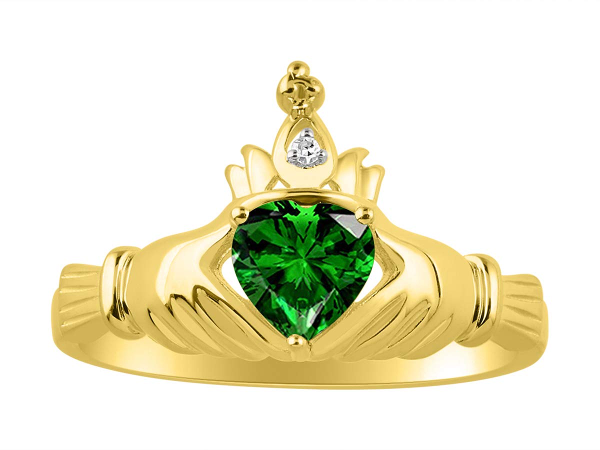 Rylos Rings 14K Gold Plated Silver Claddah Love, Loyalty & Friendship Ring Heart 6MM Gemstone & Diamond Claddagh Rings May Emerald Jewelry Size 7