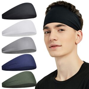 pilamor sports headbands for men (5 pack),moisture wicking workout headband, sweatband headbands for running,cycling,football, yoga,hairband for women and men(gray, green, white, blue, black)…