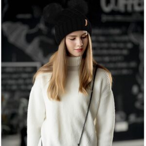 Arctic Paw Winter Cable Knit Fleece Lined Pom Pom Beanie for Women Black